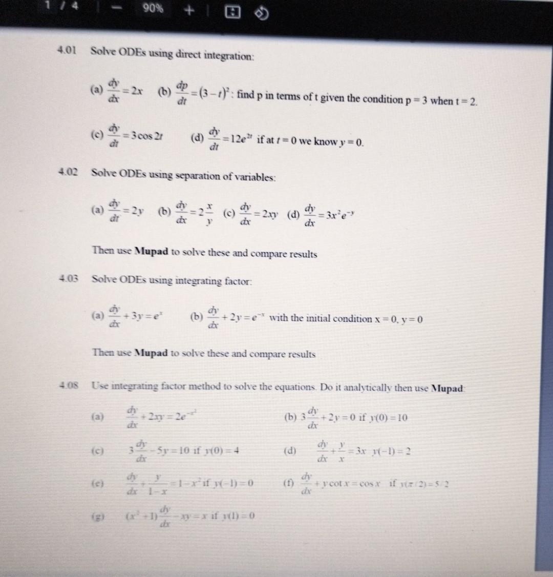Solved 4.01 Solve ODEs using direct integration: (a) dxdy=2x | Chegg.com