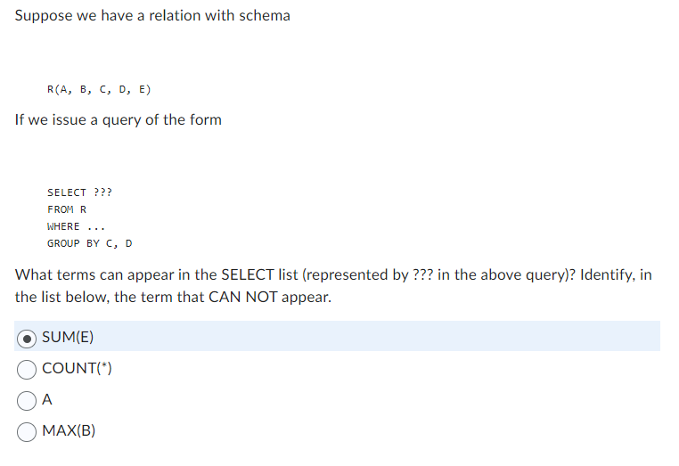 Solved Suppose we have a relation with schemaR(A,B,C,D,E)If | Chegg.com