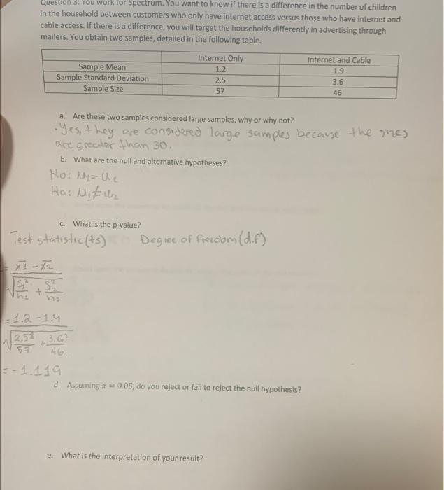 Solved Question 3: You work for Spectrum. You want to know | Chegg.com
