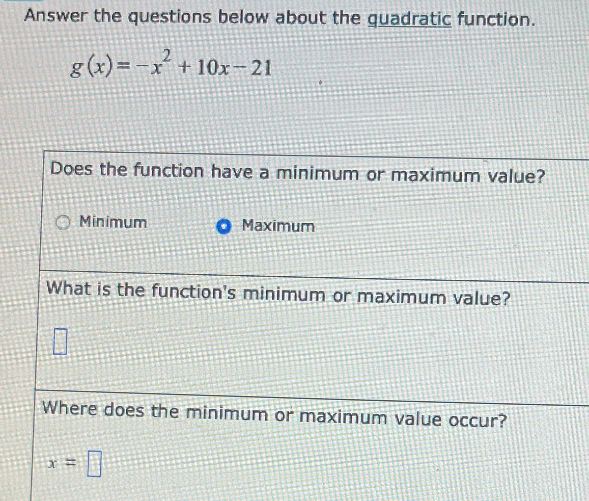 Solved Answer the questions below about the quadratic | Chegg.com