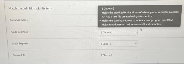 Solved Match The Definition With Its Term Data Segment Code 8793