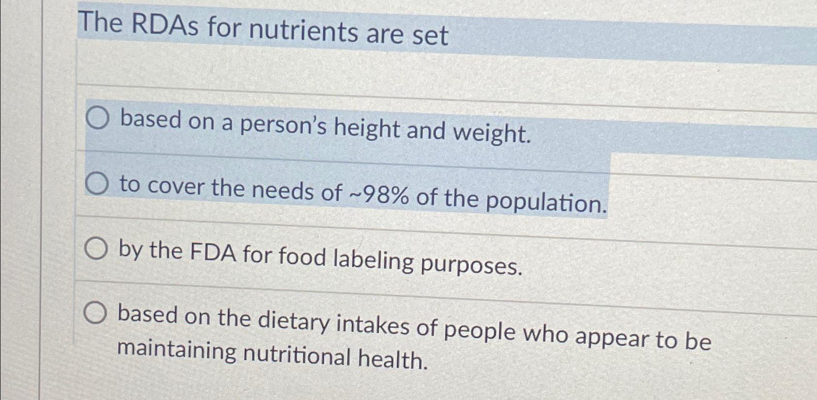 Solved The RDAs for nutrients are setbased on a person's | Chegg.com