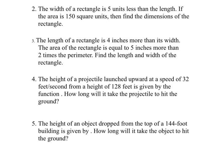 Solved 2. The width of a rectangle is 5 units less than the | Chegg.com