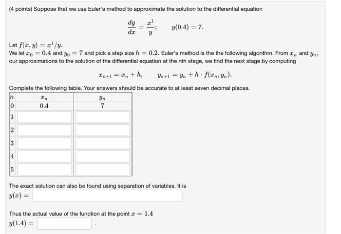 Solved (4 points) Suppose that we use Euler's method to | Chegg.com