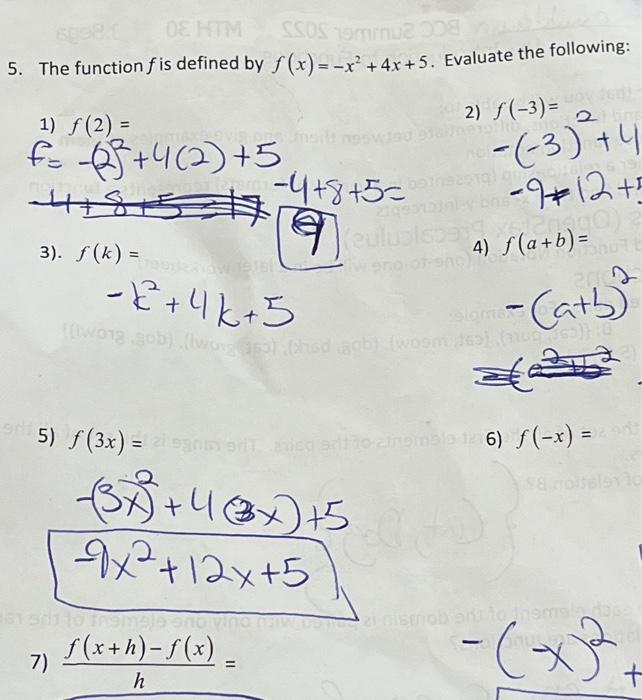 Solved The Function F Is Defined By F X −x2 4x 5 Evaluate