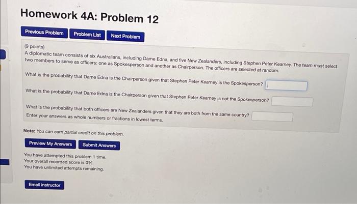 Solved Homework 4A: Problem 12 Previous Problem Probler List | Chegg.com
