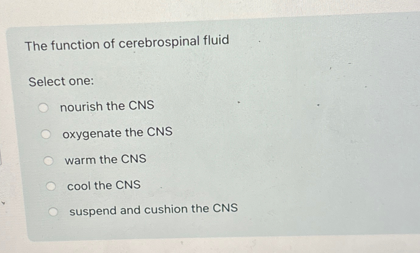 Solved The function of cerebrospinal fluidSelect one:nourish | Chegg.com