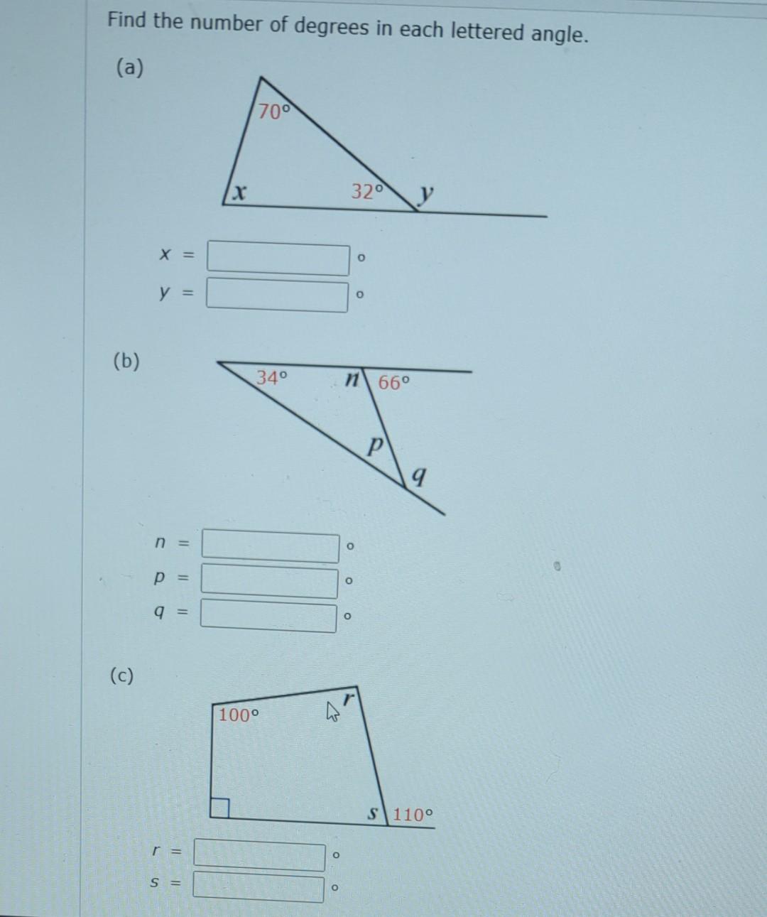 Solved Find the number of degrees in each lettered angle. | Chegg.com