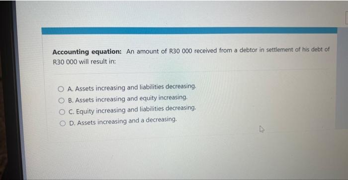 Solved Accounting equation: An amount of R30 000 received | Chegg.com