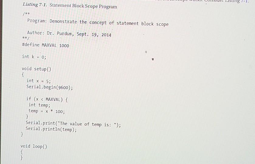 Solved Listing 7-1. Statement Block Scope Program /** | Chegg.com