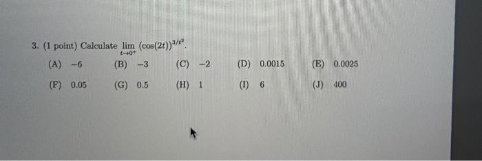 Solved 3. (1 point) Calculate limt→0+(cos(2t))3/t2. (A) −6 | Chegg.com