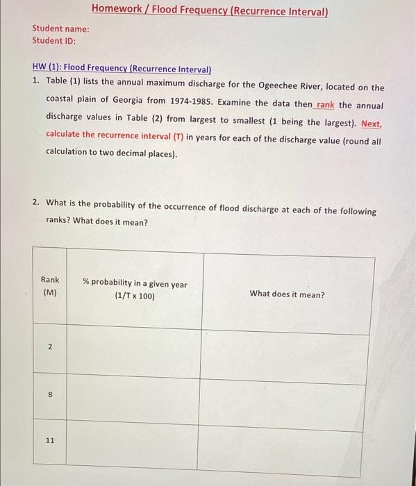 Solved Homework / Flood Frequency (Recurrence Interval) | Chegg.com