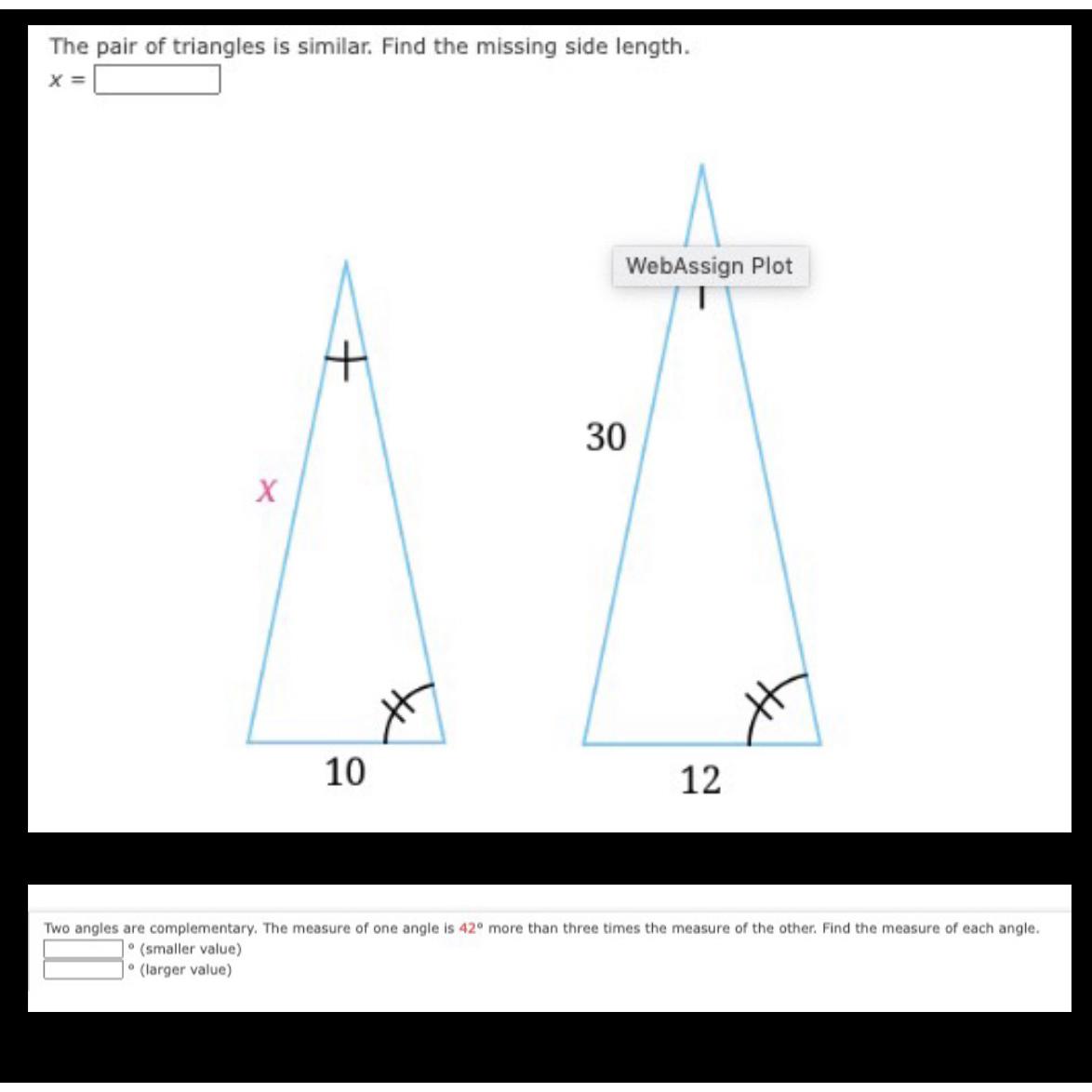 Solved The pair of triangles is similar. Find the missing | Chegg.com