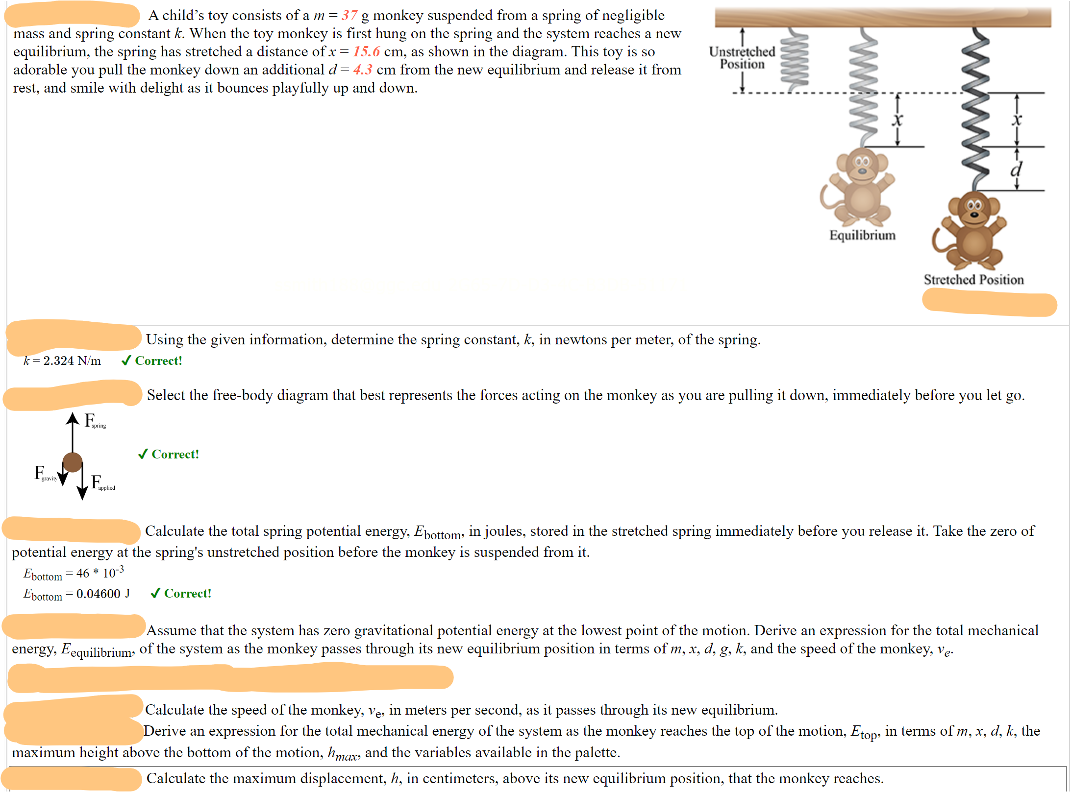 Solved A child's toy consists of a m=37g ﻿monkey suspended | Chegg.com
