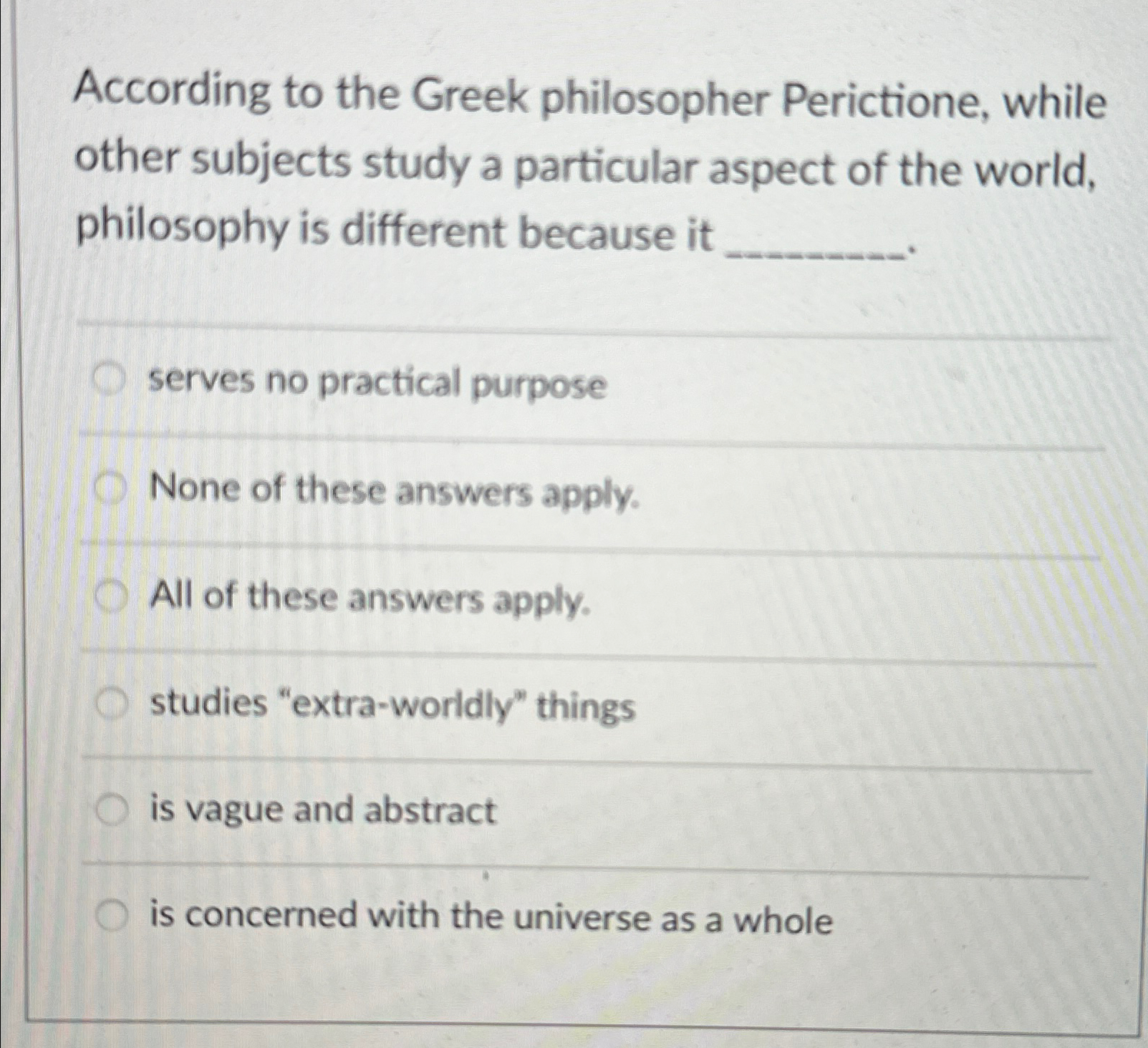 Solved According to the Greek philosopher Perictione, while | Chegg.com