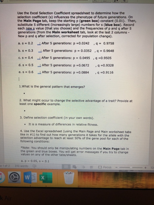 Use the Excel Selection Coefficient spreadsheet to | Chegg.com