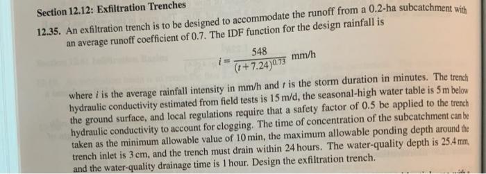 Section 12.12: Exfiltration Trenches 12.35. An | Chegg.com