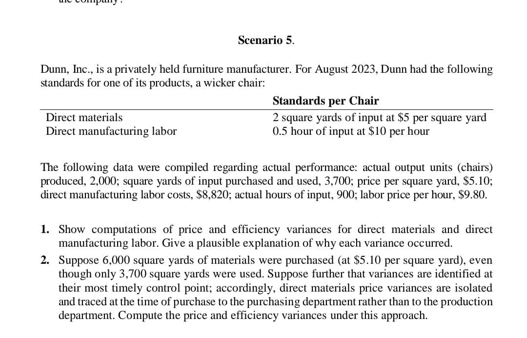 Solved Dunn, Inc., is a privately held furniture | Chegg.com