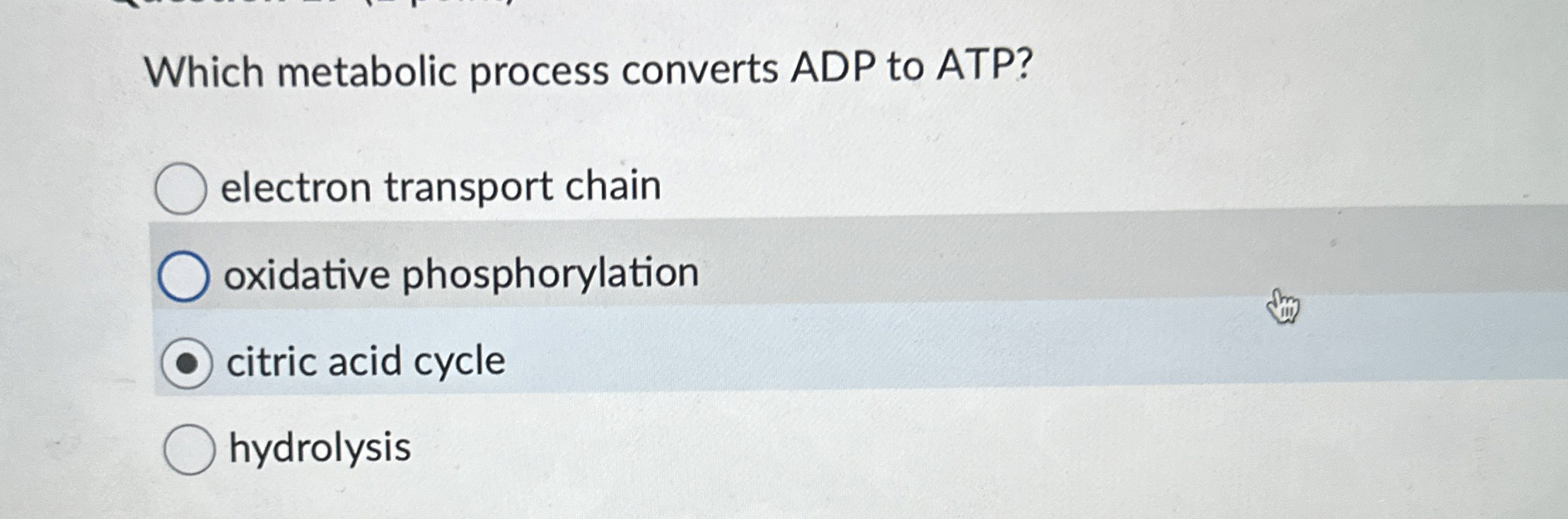 Solved Which metabolic process converts ADP to ATP?electron | Chegg.com