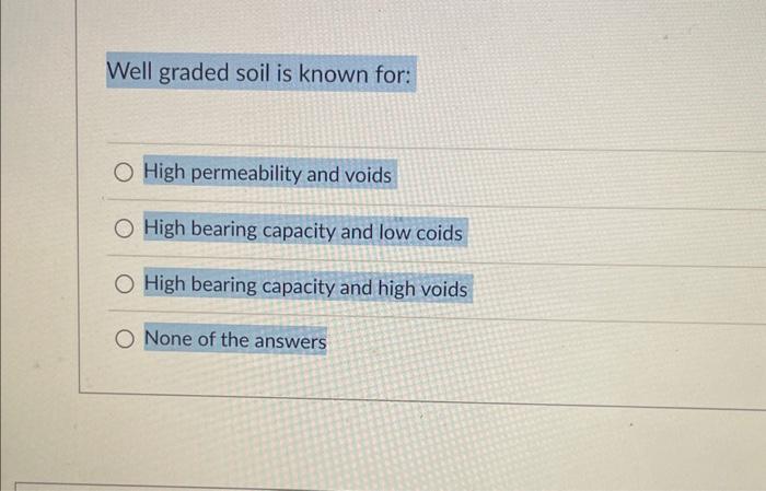 Solved Well graded soil is known for: High permeability and | Chegg.com