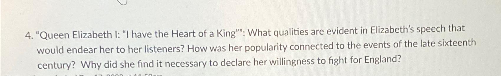 Solved "Queen Elizabeth I: "I have the Heart of a King"': | Chegg.com