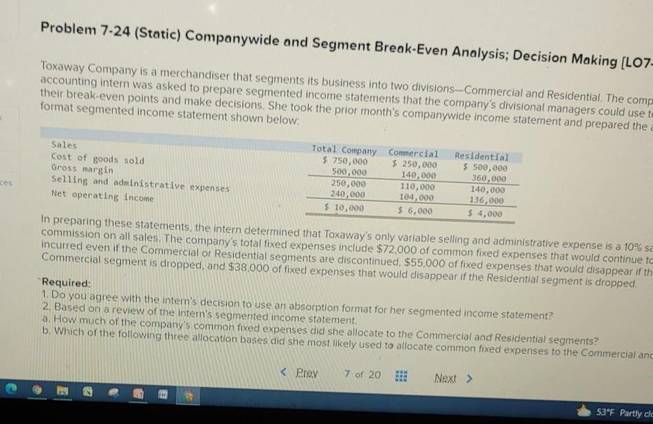Solved Problem 7-24 (Static) Companywide and Segment | Chegg.com