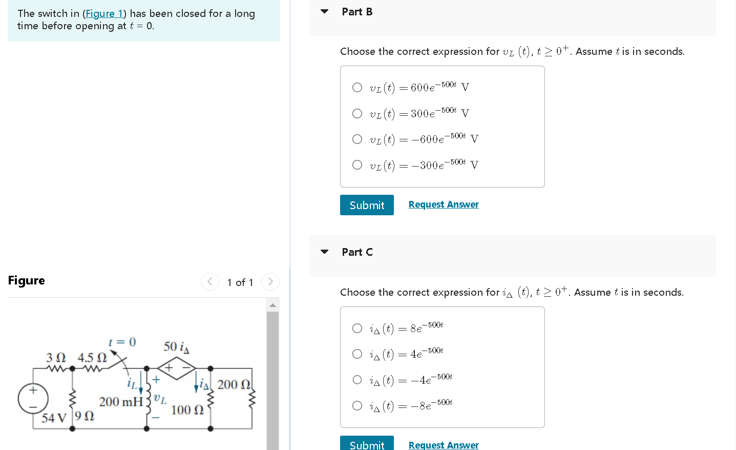 Solved The switch in (Figure 1) ﻿has been closed for a | Chegg.com