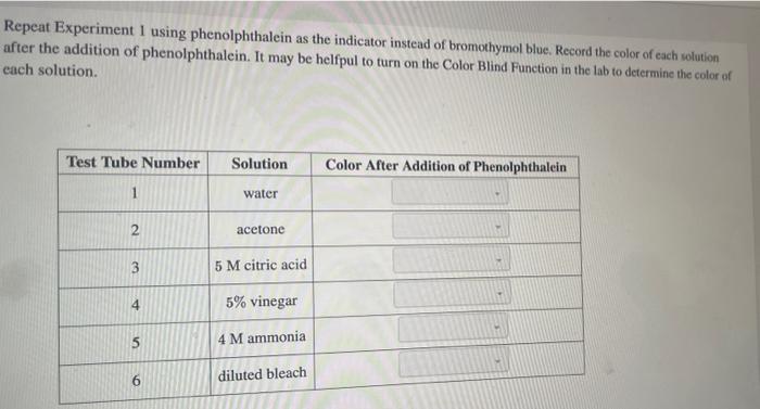 Solved Repeat Experiment 1 using phenolphthalein as the | Chegg.com