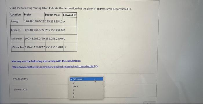 Solved Using the following routing table. Indicate the | Chegg.com