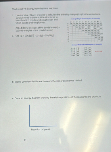 Solved Worksheet 7.6 ﻿Energy from chenical reactionsUse the | Chegg.com
