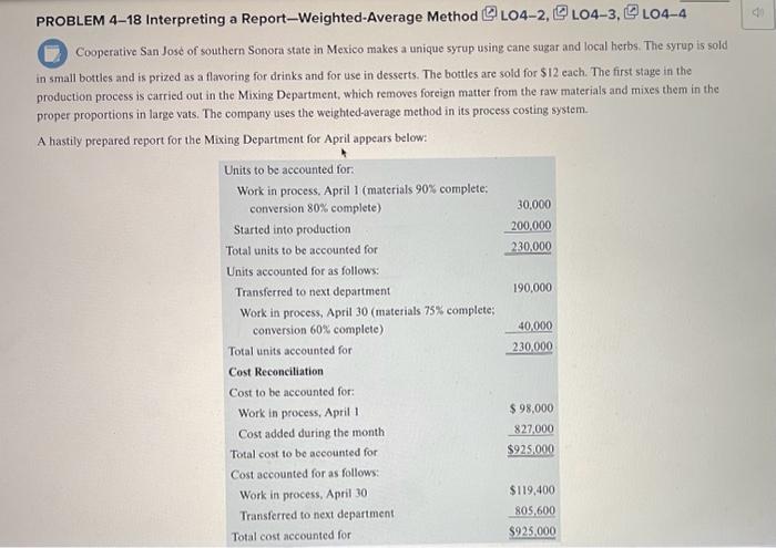 Solved PROBLEM 4-18 Interpreting a Report-Weighted-Average | Chegg.com
