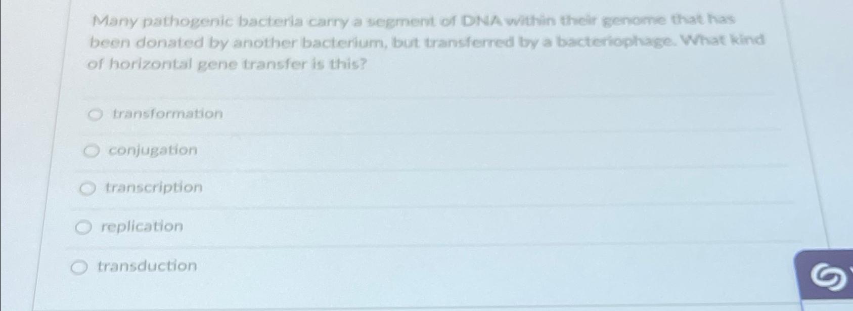 Solved Many pathogenic bacteria carry a segment of DNA | Chegg.com