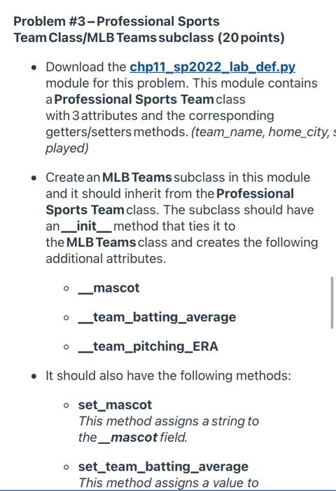 Solved Problem #3 - Professional Sports Team Class/MLB Teams | Chegg.com