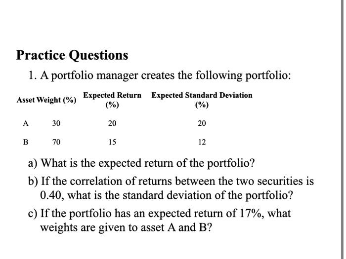 Solved Practice Questions 1. A portfolio manager creates the | Chegg.com