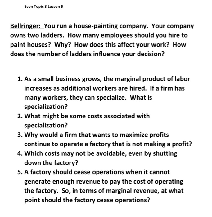 Solved Econ Topic 3 Lesson 5 Bellringer: _You run a | Chegg.com