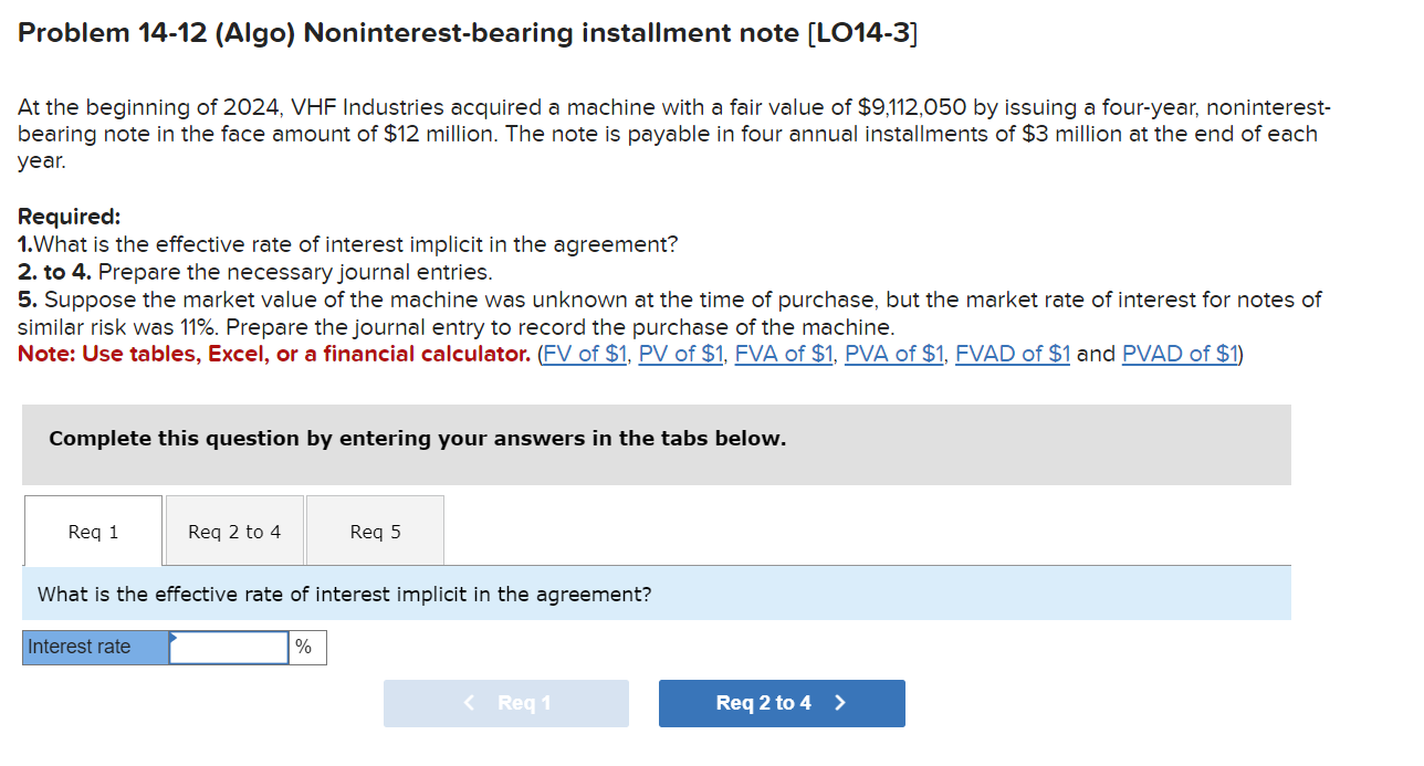 Problem 14-12 (Algo) Noninterest-bearing installment | Chegg.com Problem 14-12 (Algo) Noninterest-bearing installment | Chegg.com