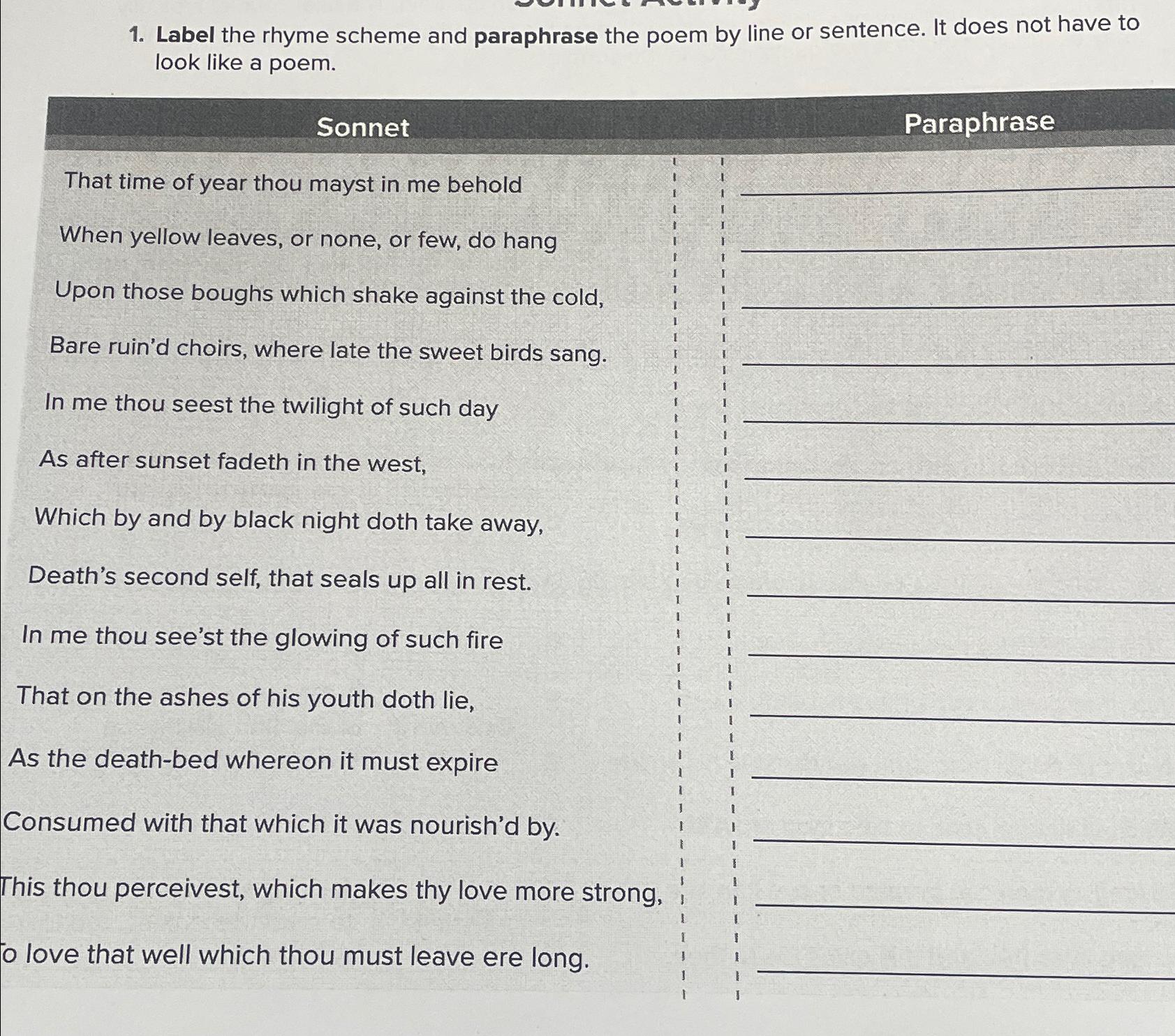 Solved Label the rhyme scheme and paraphrase the poem by | Chegg.com