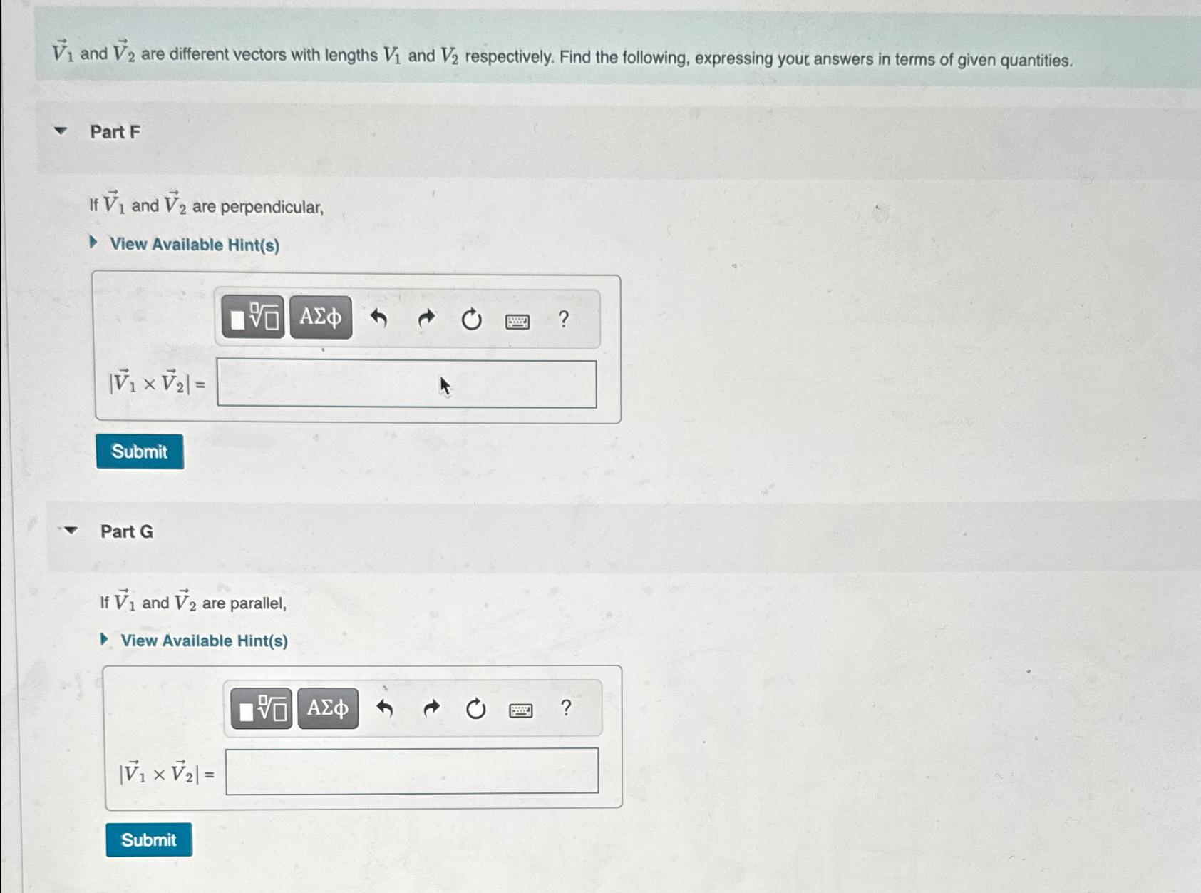 Solved vec(V)1 ﻿and vec(V)2 ﻿are different vectors with | Chegg.com