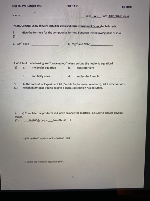 Exp 6 Pre Lab 10 Pts Che 1113 Fall 2020 Name Sec
