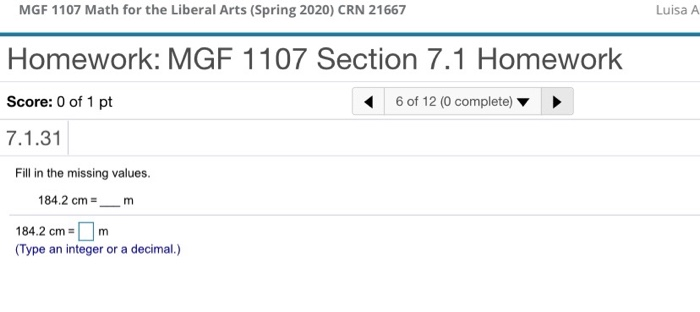 Solved MGF 1107 Math for the Liberal Arts (Spring 2020) CRN | Chegg.com