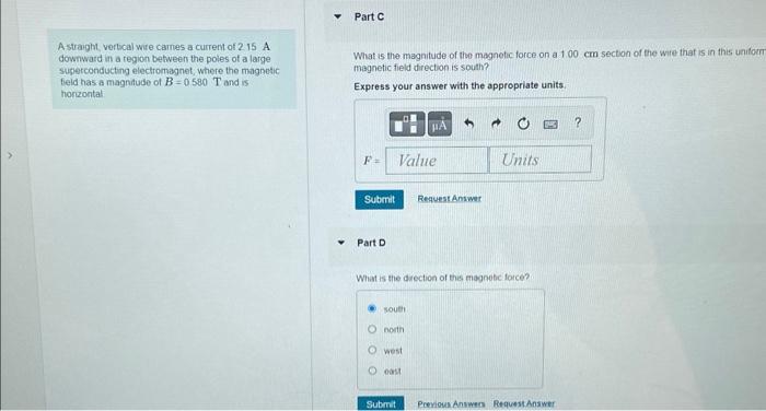 Solved Astraight vertcal wite cames a current of 2.15 A | Chegg.com