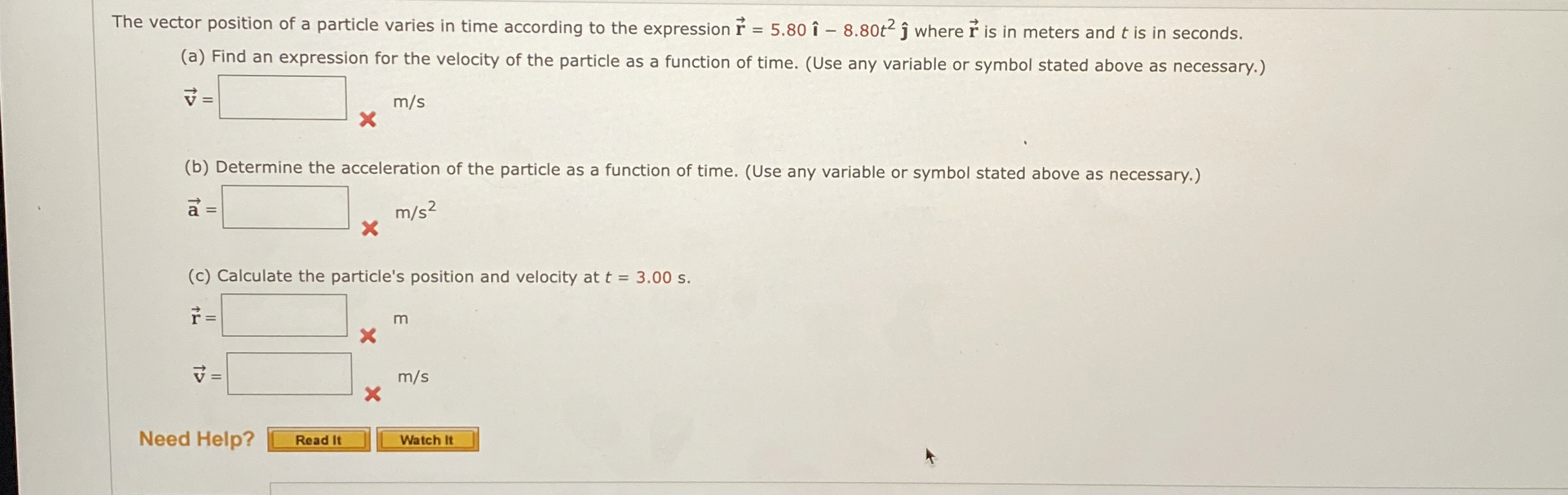 Solved The vector position of a particle varies in time | Chegg.com