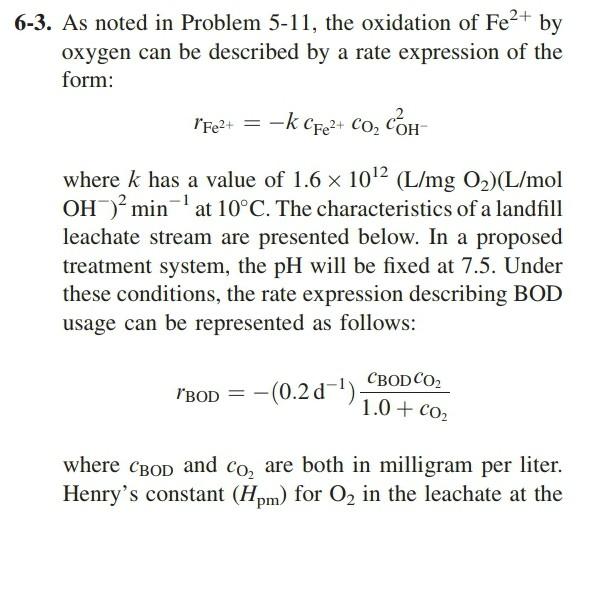 Solved 6-3. As noted in Problem 5−11, the oxidation of Fe2+ | Chegg.com