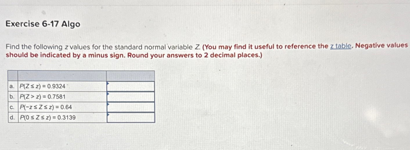 Solved Exercise 6-17 ﻿AlgoFind the following z ﻿values for | Chegg.com