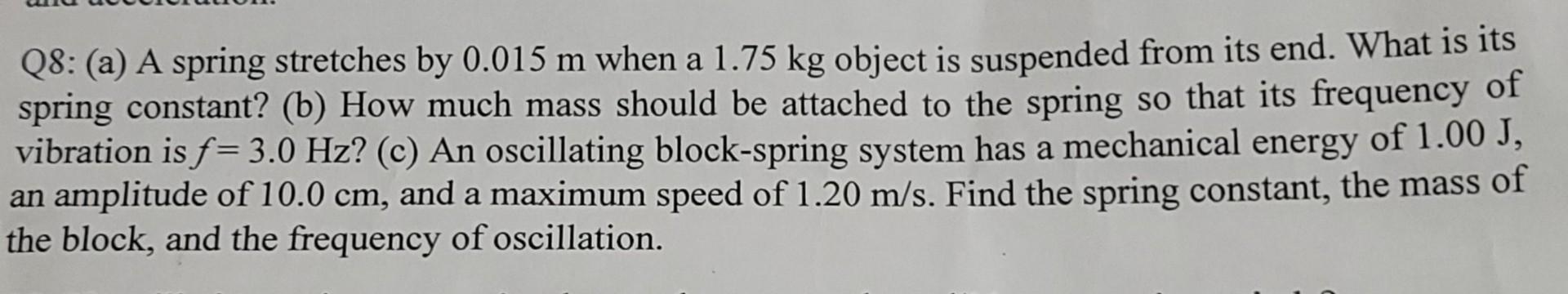 Solved Q8: (a) A spring stretches by 0.015 m when a 1.75 kg | Chegg.com