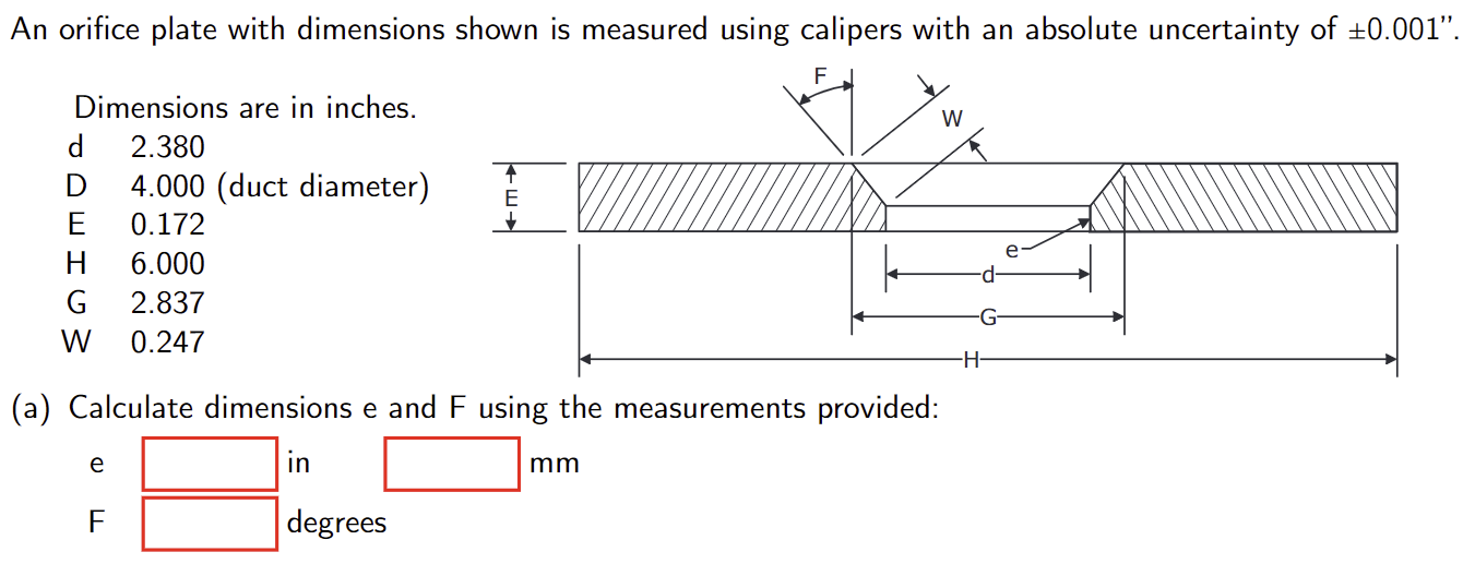 [Solved]: An orifice plate with dimensions shown is measured
