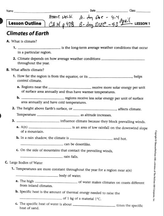 Solved Name Date Cless Climates of Earth A. What is climate? | Chegg.com