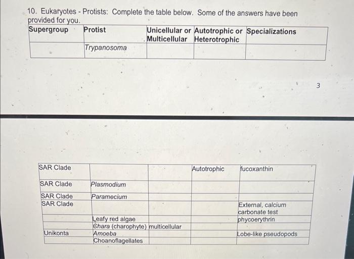 Solved 10. Eukaryotes - Protists: Complete the table below. | Chegg.com
