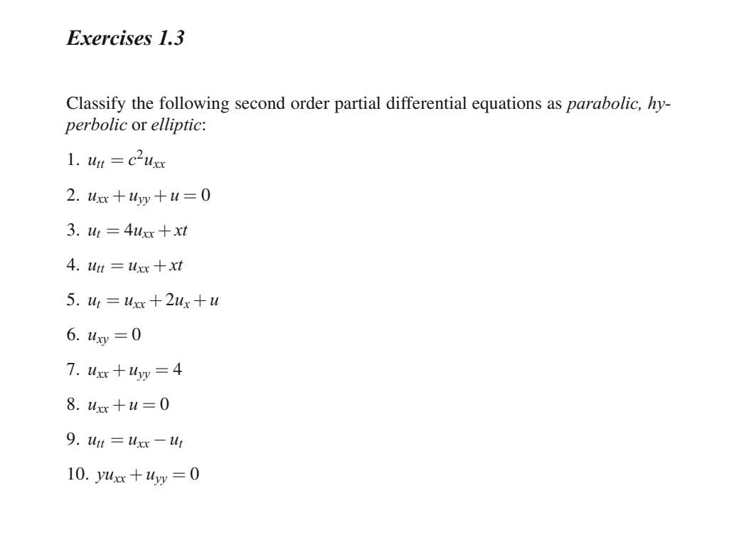 Solved Exercises 1.3 Classify the following second order | Chegg.com
