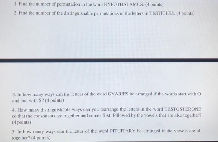 Solved 1. Find the number of permutation in the word | Chegg.com